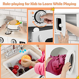 OLAKIDS Kids Kitchen Playset, Wooden Pretend Play Toys with Cookware Accessories, Removable Sink, Oven, Microwave, Washing Machine & Cabinets, Toy Kitchen Set for Kids with Realistic Design