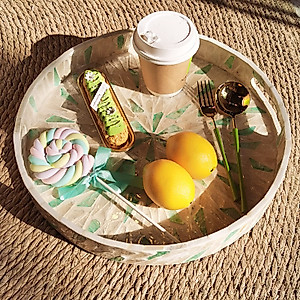 I-lan 12 Inch Round Beige Blue Mother of Pearl Severing Tray with Handle and 2 Inch Side, Lacquer Wooden Shell Decorative Tray, Gorgeous Inlay Nacre Ottoman Tray for Food, Breakfast, Coffee Table, S