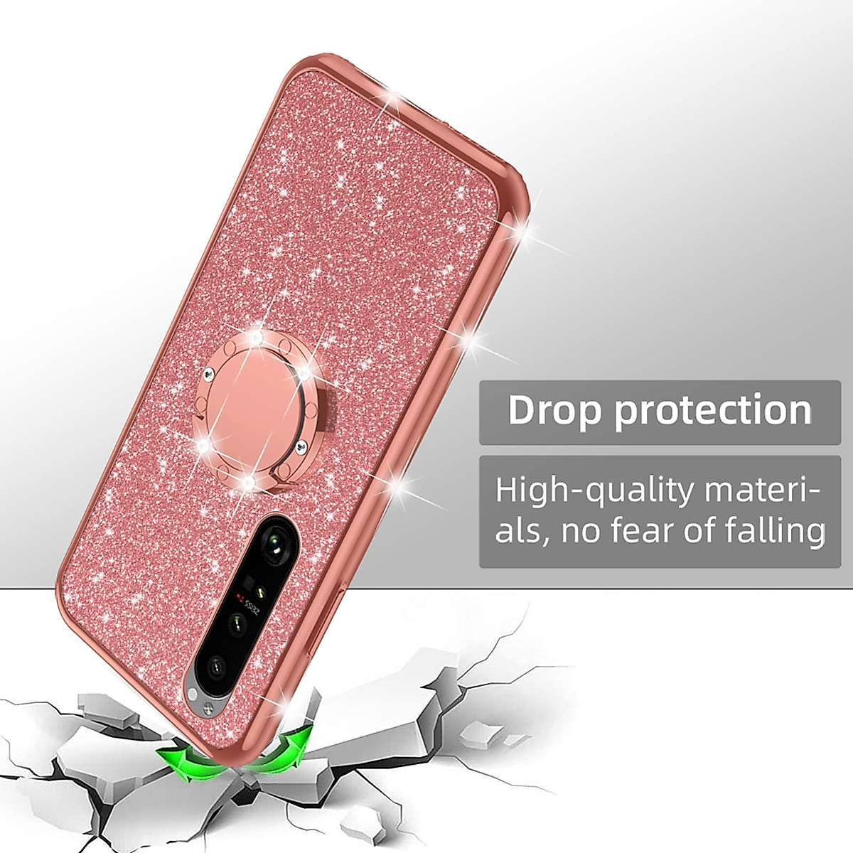 nancheng for Sony Xperia 1 III Phone Case (2021) with Ring Kickstand Lanyard Shockproof Protection Cover - Rose Gold