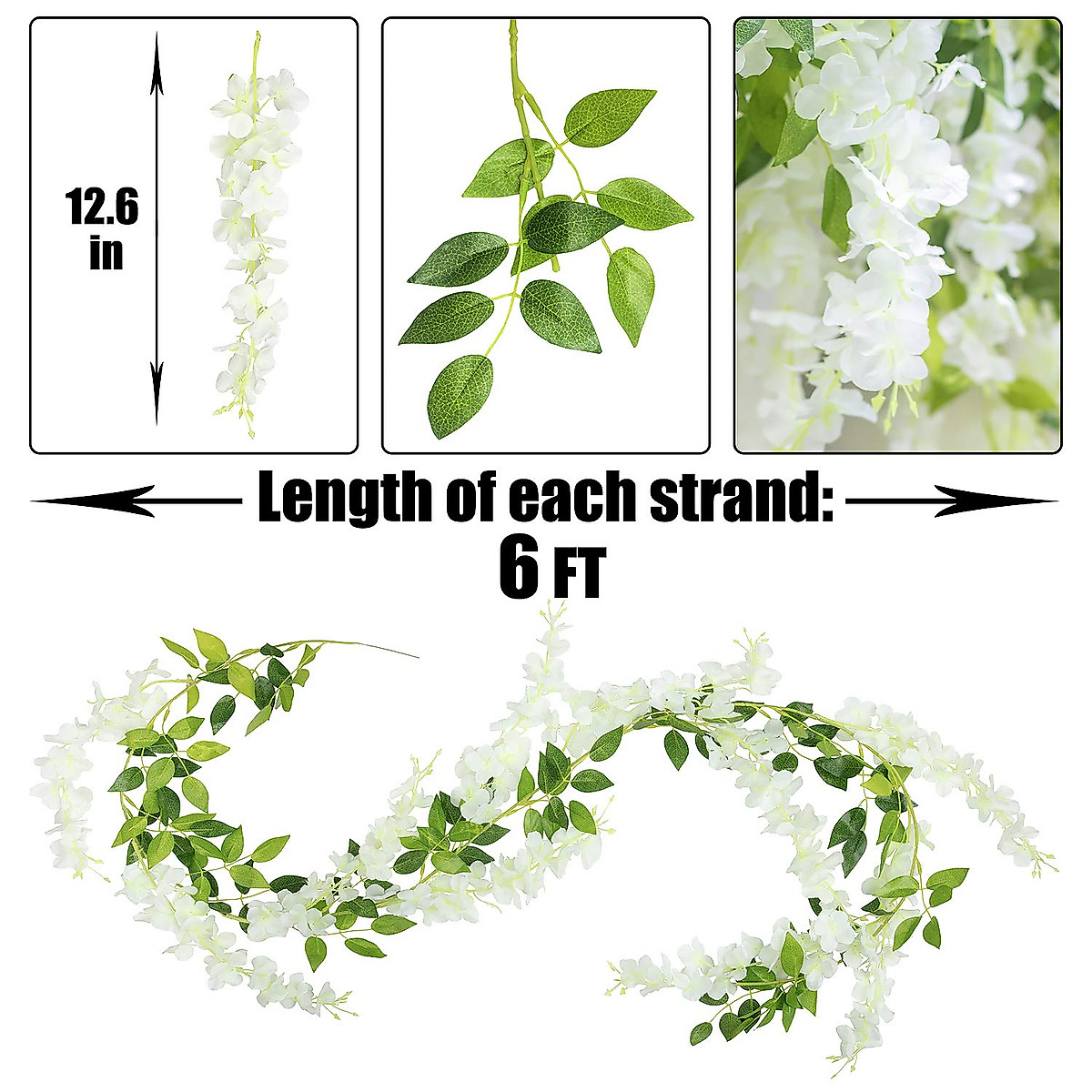 COOWAS 4pcs Artificial Flowers (Total 24Feet) Silk Wisteria Garland Hanging Vines Fake Plants Greenery for Wedding Party Outdoor Garden Office Home Kitchen Bedroom Wall Decor White