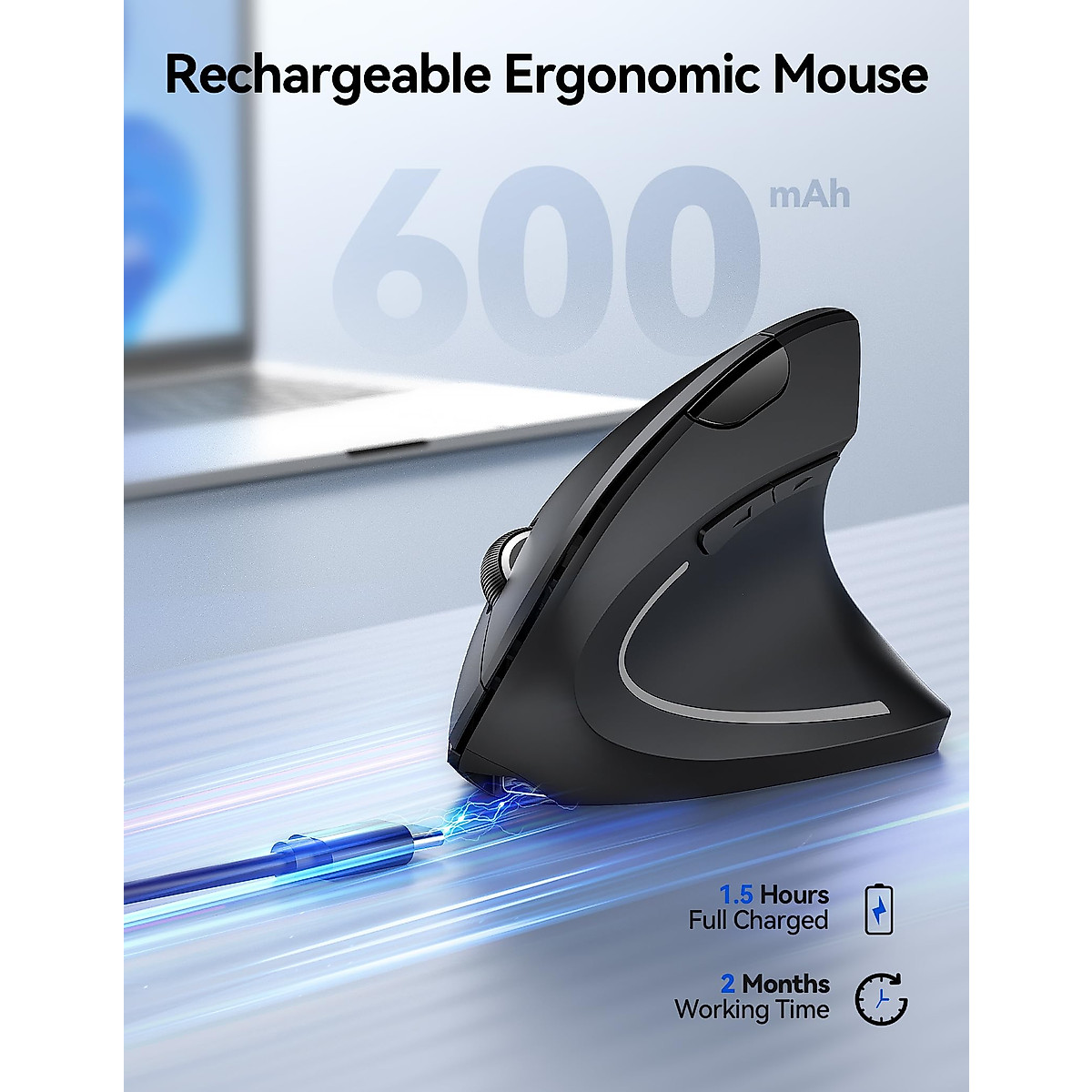 TECKNET Ergonomic Mouse, Rechargeable Vertical Ergo Mouse Wireless, Silent 2.4GHz 6 Buttons Optical Carpal Tunnel Mouse, 5 Adjustment Levels, Up to 4800DPI Wireless Mouse for Laptop, Desktop, PC