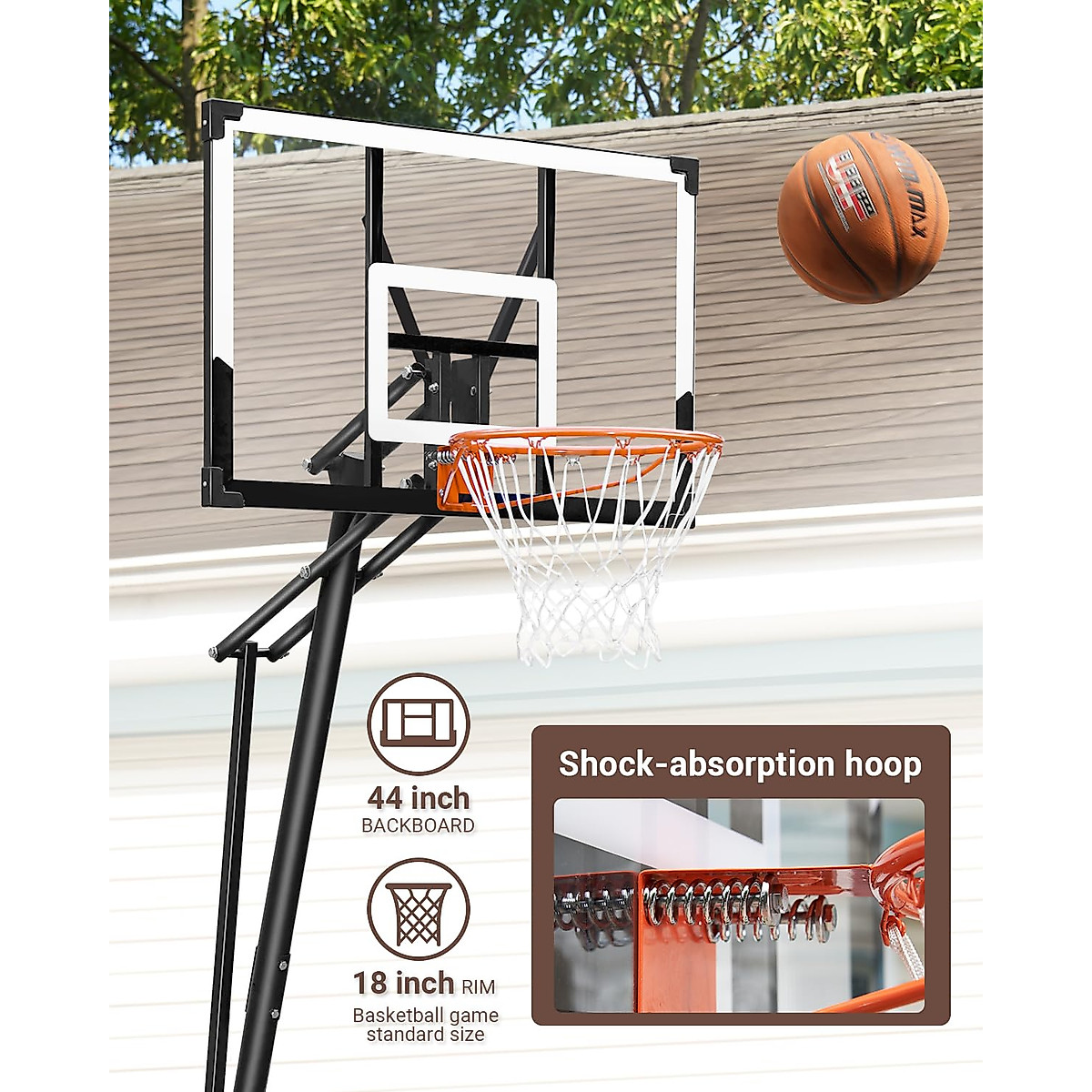 WIN.MAX Portable Basketball Hoop Quickly Height Adjusted 4.9-10ft Outdoor/Indoor Basketball Goal System with 44 inch Backboard and Wheels for Adults
