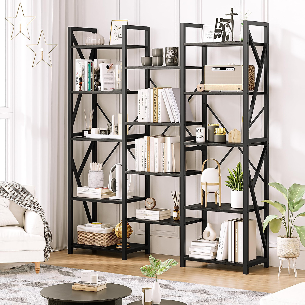 GAOMON Triple Wide 5 Tier Book Shelf, 70.8” Tall Bookcase with 14 Open Shelves, Large Industrial Bookshelves and Bookcases with Metal Frame for Home Office, Study Room, Living Room-Black