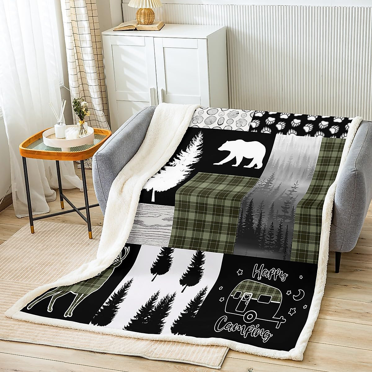 Hunting Deer Bear Blanket,Woodland Animals Rustic Cabin Throw Blanket for Boys Girls,Green Buffalo Plaid Patchwork Fleece Blanket RV Camping Decor,Farmhouse Pine Tree Footprint Fuzzy Blanket 60"x80"