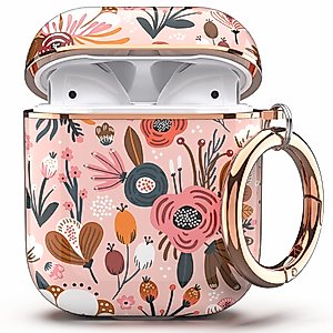 TATOFY Case Cover for AirPods 1&2, Stylish AirPods Case for Women Girls, Flower Patterns Protective Hard Case with Clip (Pink)