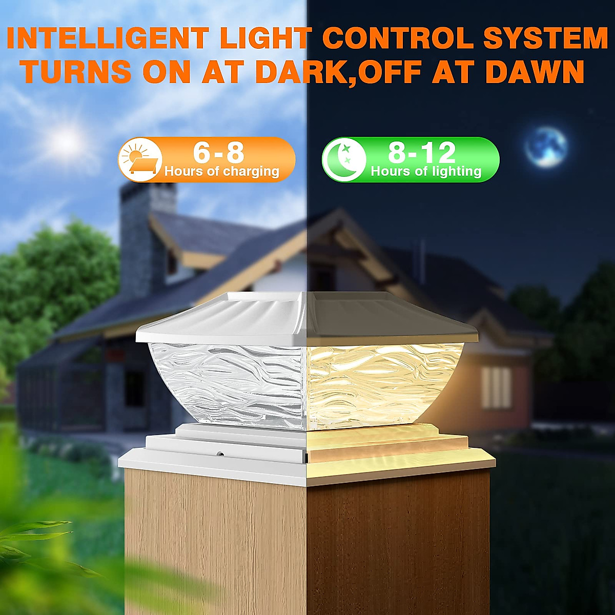 SOLLUCIS Solar Post Cap Lights, Large 8 LEDs 2 Modes Fence Post Solar Lights Outdoor Waterproof for 4x4 5x5 6x6 Vinyl Wooden Deck Fence Posts Patio Garden Decor, Warm/Cool White (6 Pack, White)