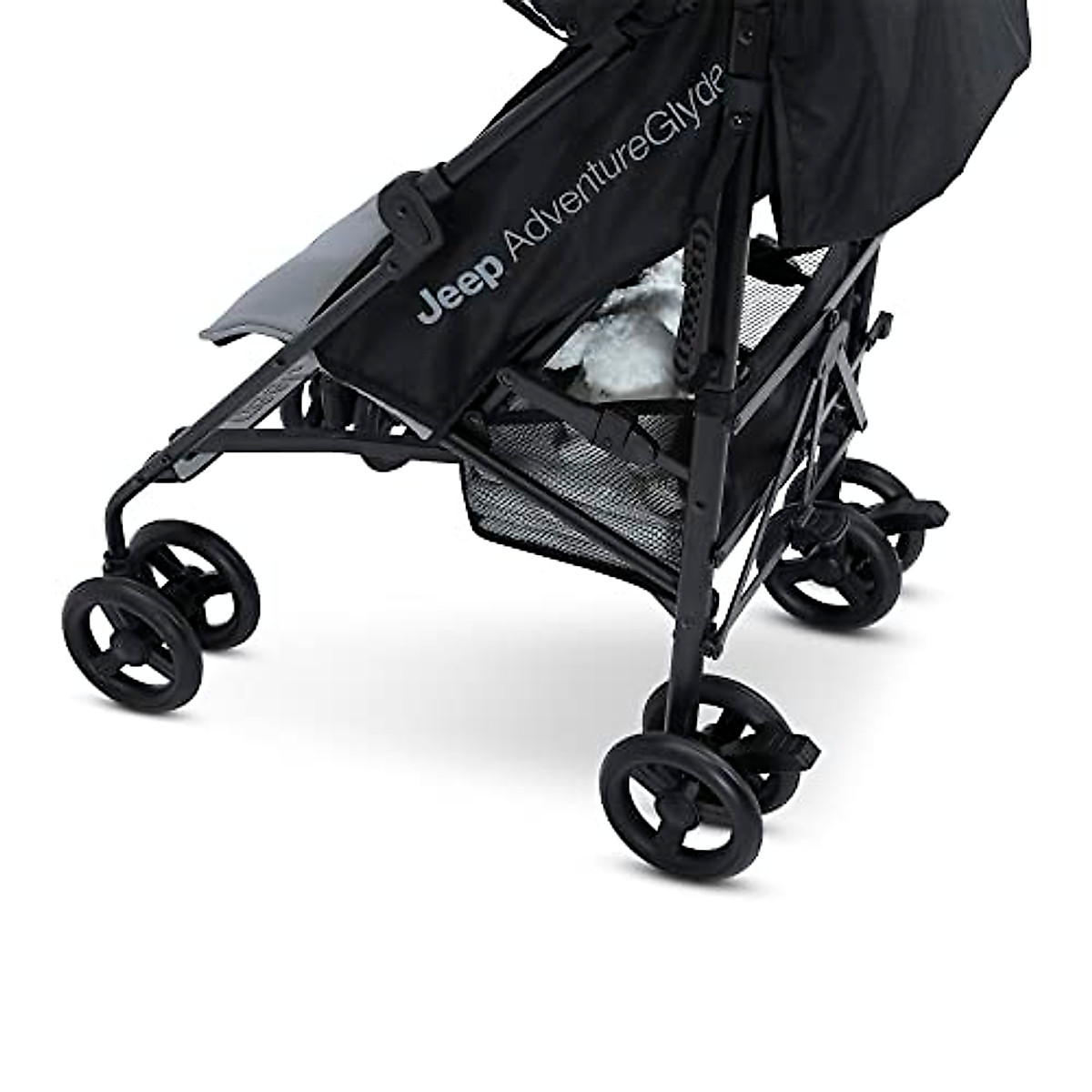 Jeep AdventureGlyde Stroller by Delta Children - Lightweight Travel Stroller with Smoothest Ride & Compact Fold, 3-Position Recline, Extra Large Storage Basket, Black/Grey