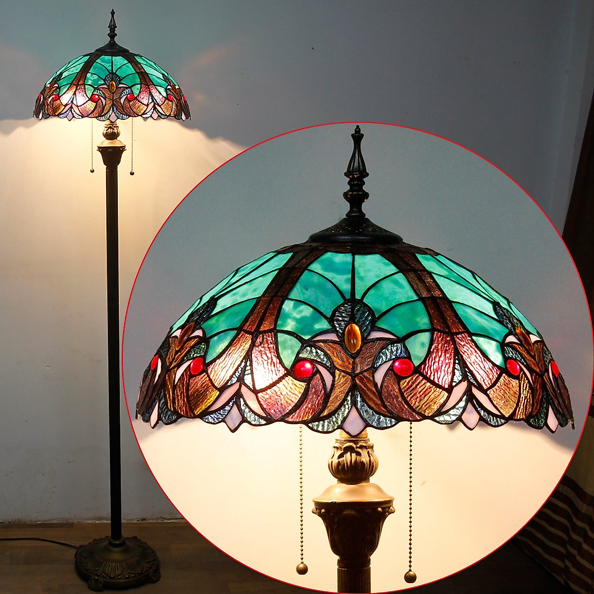 WERFACTORY Tiffany Floor Lamp Green Brown Liaison Stained Glass Standing Reading Light 16X16X64 Inches Antique Pole Corner Lamp Decor Bedroom Living Room Home Office S160G Series