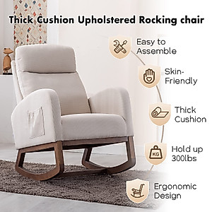 NIOIIKIT Nursery Rocking Chair, Upholstered Glider Chair for Nursery, Accent Rocker Chair with Tall Back & Side Pockets, Modern Leisure Single Arm Chair for Living Room, Bedroom (Beige)