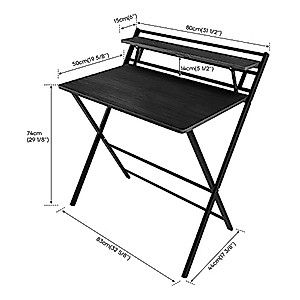 TC-Home Folding Desk- 2 Tiers Computer Table Foldable Black No Assembly Required Computer Desk with Shelf Furniture Workstation Home Office