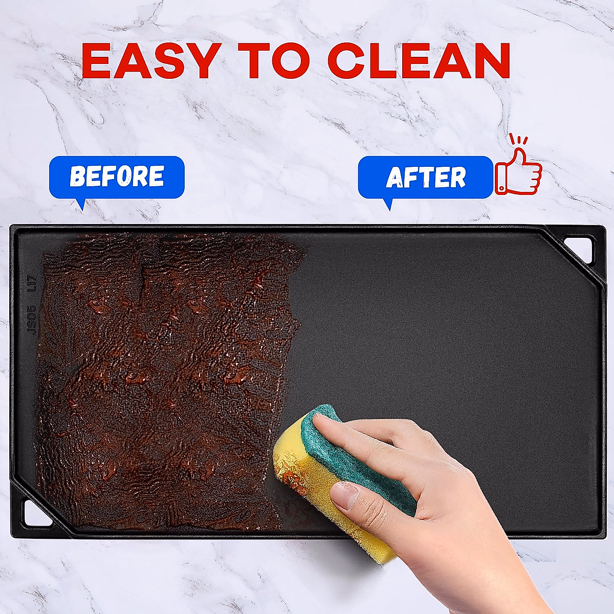 GGC Cast Iron Griddle, Reversible Flat Top Griddle for Gas Grills, Stove Tops, and Outdoor Cooking, 16.5 x 9.5 Baking Flat and Ribbed Griddle Plate for Family Cooking