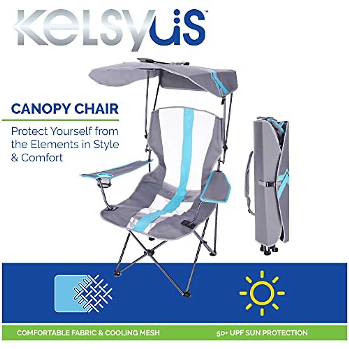 Kelsyus Original Foldable Canopy Chair for Camping, Tailgates, and Outdoor Events, Grey/Light Blue