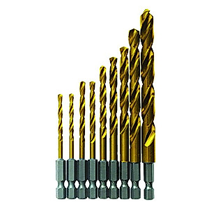 BOSCH TI9IM 9-Piece Assorted Set Titanium Nitride Coated Metal Drill Bits with Included Case Impact Tough with Impact-Rated Hex Shank Ideal for Heavy-Gauge Carbon Steels, Light Gauge Metal, Hardwood