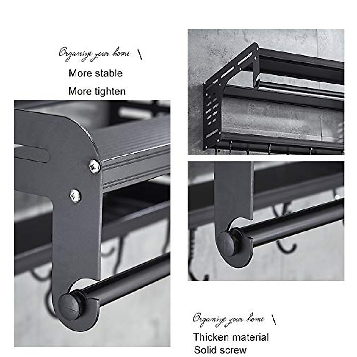 OUDINUO Merry Christmas Black Multifunctional Double Bracket Aluminum Microwave Oven Wall Mount Shelf with 10 Removable Hooks and Fresh Wrapper Rolls Holder