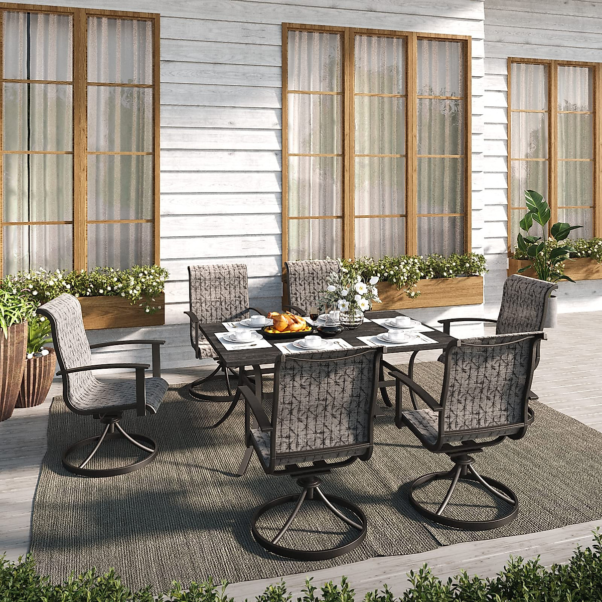 Grand patio Outdoor Dining Set for 6, Patio Dining Set with 6-Piece Mesh Sling Rocking Chairs, 1-Piece Large Rectangular Woodgrain Dining Table with Umbrella Hole, Black & Grey Plaid