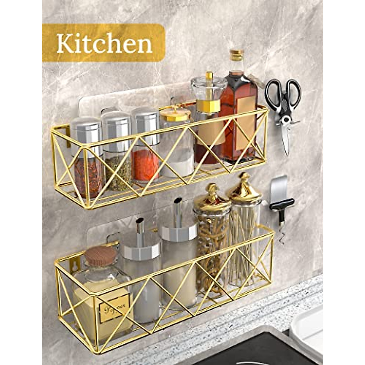 Iperlife Shower Caddy Gold, 2 Pack Shower Shelves Strong Adhesive Bathroom Shower Organizer with Hooks No Drilling Wall-Mounted Shower Shelf for Inside Shower