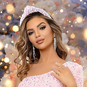 Lanmerry Sequin Knotted Headbands - Sparkly Pink Glitter Velvet Hair Accessories for Girls, Kids 2Pcs