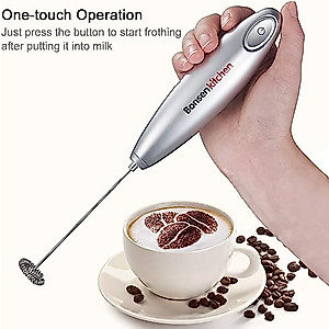 Bonsenkitchen Milk Frother Handheld, Automatic Milk Foam Maker Hand Frother for Coffee, Matcha, Hot Chocolate, Battery Operated Mini Drink Mixer-Silver