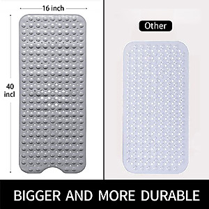 Large Non Slip Bathtub Mat, Extra Long Bath Mat for Tub, 40 x 16 Inch, Machine Washable Shower Mats with Suction Cups and Drain Holes, Bath Tub Mats for Bathroom Non Slip, Grey
