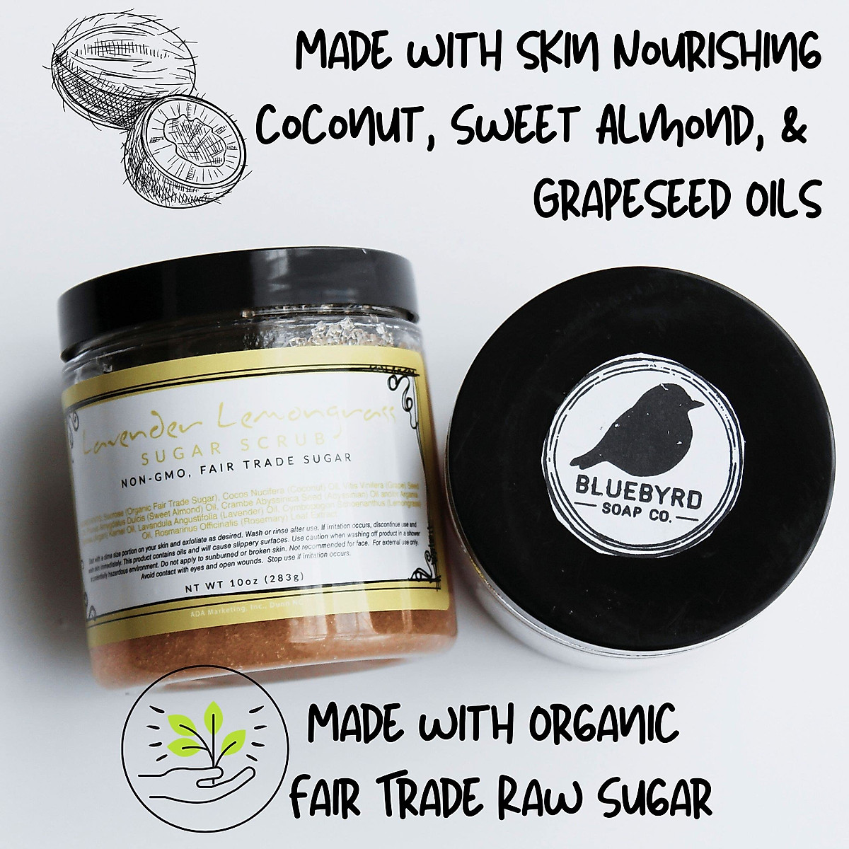 BLUEBYRD Soap Co. Lavender Lemongrass Sugar Scrub, 10oz. | Natural Sugar Face Scrub & Body Scrub | Exfoliate for Self-Tanners & Shaving | For Hydrated Youthful Looking Skin (Lavender)