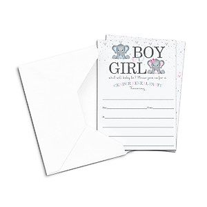 Elephant Gender Reveal Invitations with Envelopes (25 Pack) Invites for Baby Shower Party – Pink and Blue Theme Boy or Girl – Fill-In Details on Blank Card Set 5x7