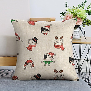 Happy Face Cats Christmas Throw Pillow Covers 18×18 Pillowcases Set of 2 Winter Doodles Linen Decorative Square Pillow Case Cushion Covers Standard Size for Sofa Couch Outdoor Bed Pillow Protectors