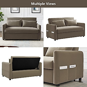 HUMEHA 57" Convertible Sleeper Sofa Bed, 3 in 1 Upholstered Velvet Loveseat Sofa with Put Out Bed, Modern 2 Seats Couch with Adjustable Back, 2 Pillows Side Pocket for Living Room RV, Brown