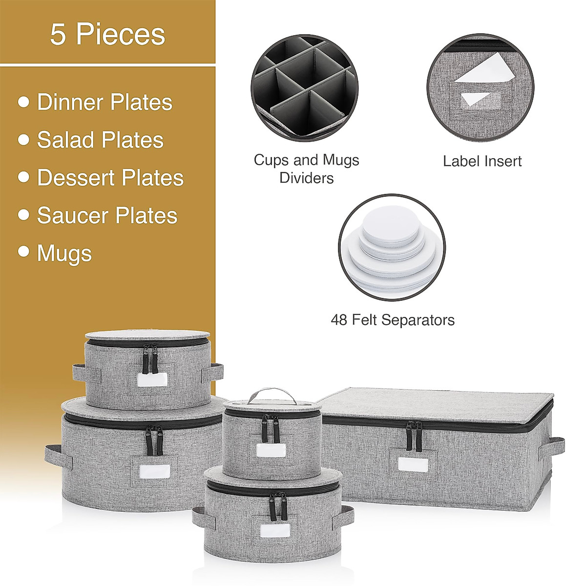 China Storage Set for Plates, Cups and Mugs - 5 pc set - Hard Shell and Stackable, Fully Padded Interior, 48 Plate Dividers Included