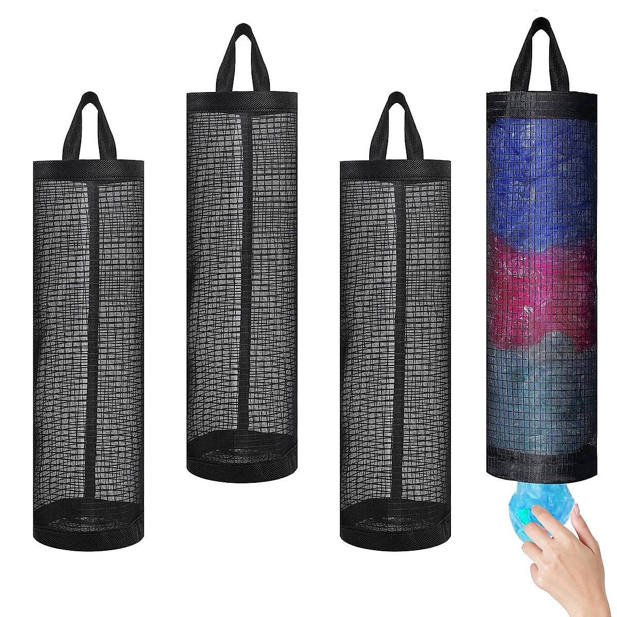 OWMOSYX 4 Pcs Plastic Bag Holder for Grocery Bags, Hanging Storage Bags Plastic Mesh Bags Dispenser Organizer Trash Bags Grocery Shopping Bag Holder for Home And Kitchen