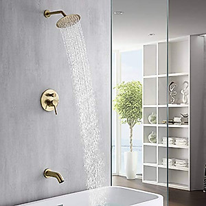 sumerain Pressure Balance Shower and Tub Faucet Set Brushed Gold with Tub Spout, 8" Shower Head, High Flow