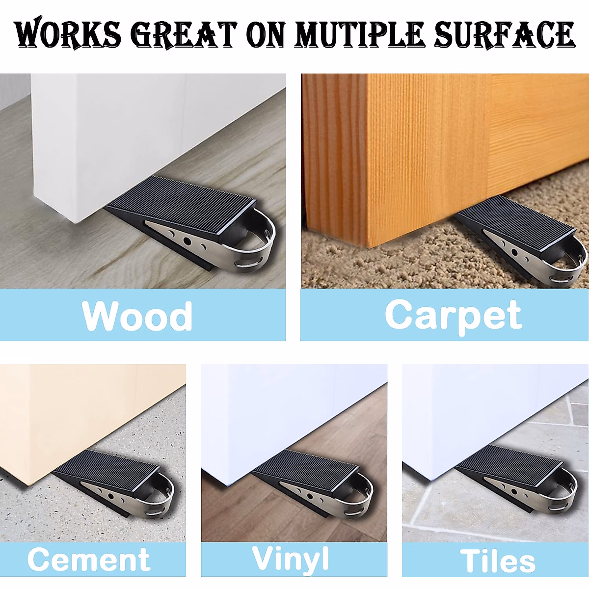 Shackcom Door Stopper, 2 Pack Black Heavy Duty Wedge That Holds Doors Firmly and Doesn’t Budge, Made of Rubber and Stainless Steel, Works on All Floor Surfaces, with Hanger which Easy to Storage