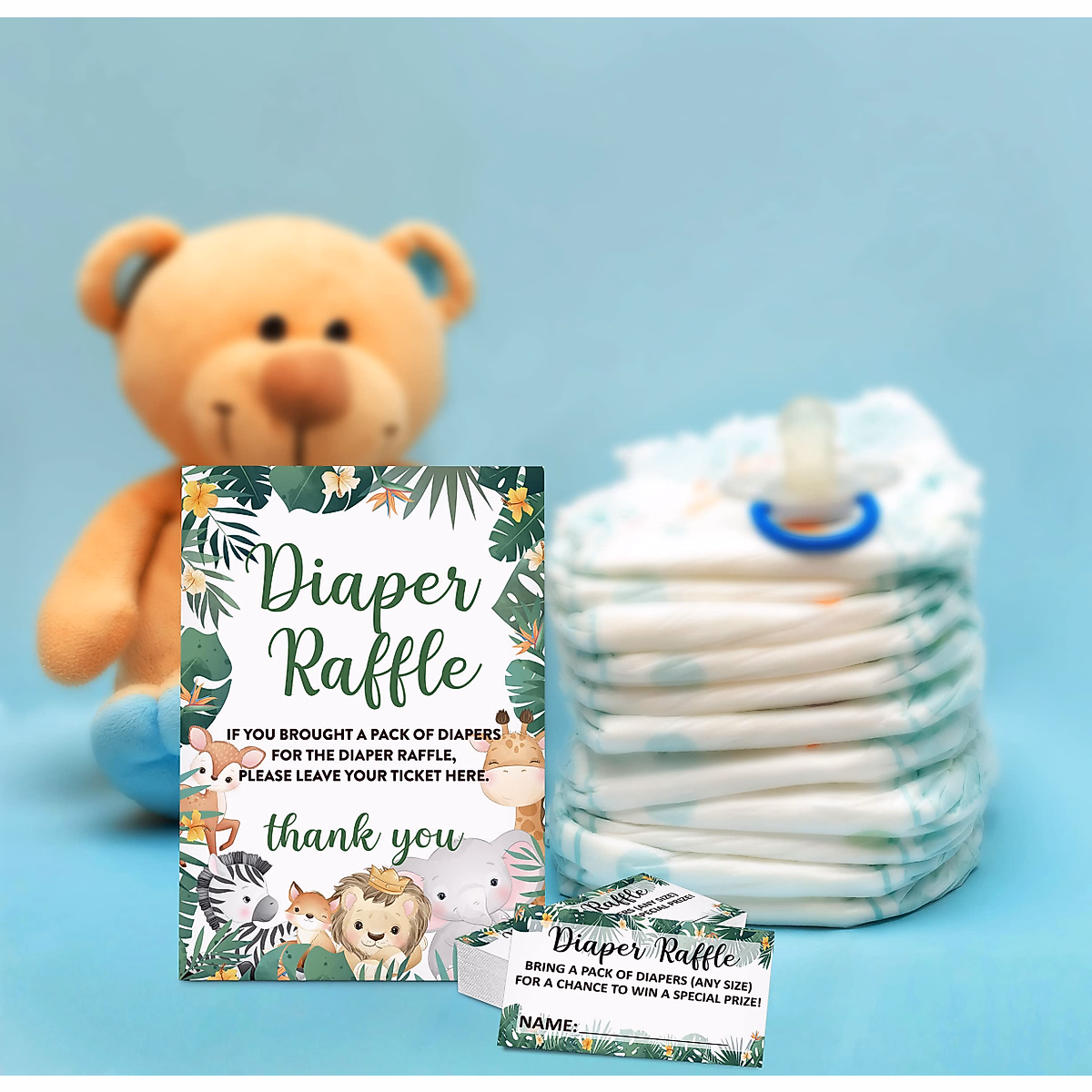 Diaper Raffle Baby Shower Game Set(1 Standing Sign + 50 Guessing Cards), Safari Diaper Raffle Tickets for Baby Shower, Jungle Baby Shower Party Favor Decor - A03
