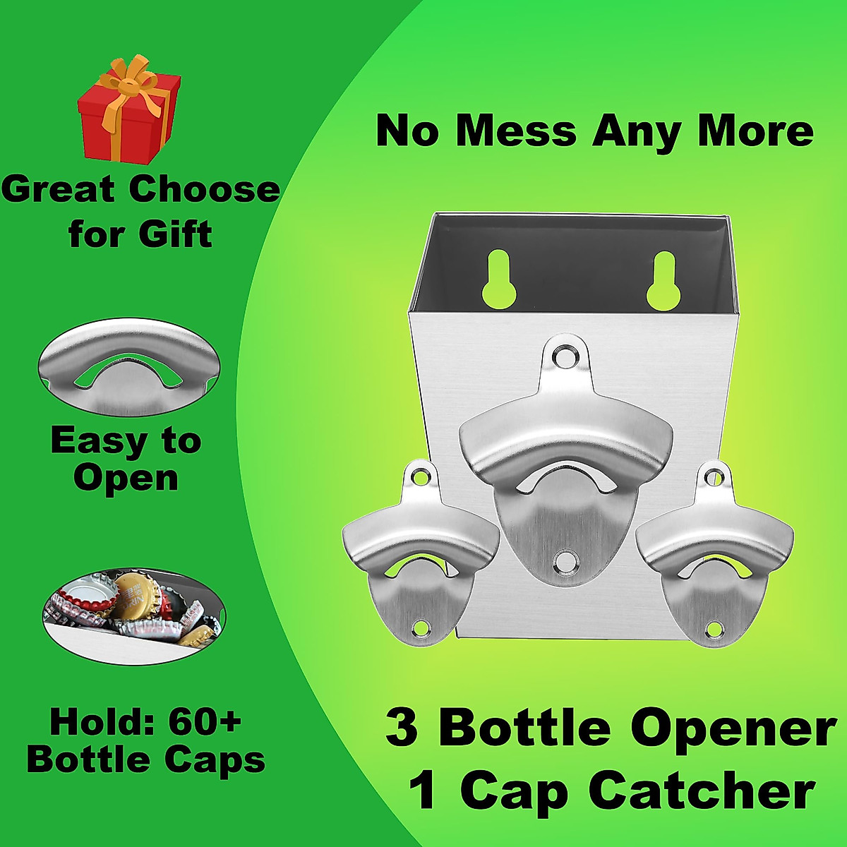 Jumiok Stainless Steel Bottle Cap Opener Wall Mounted Beer Bottle Opener with Cap Catcher Narrow Bundle (3 Openers and 1 Bin)
