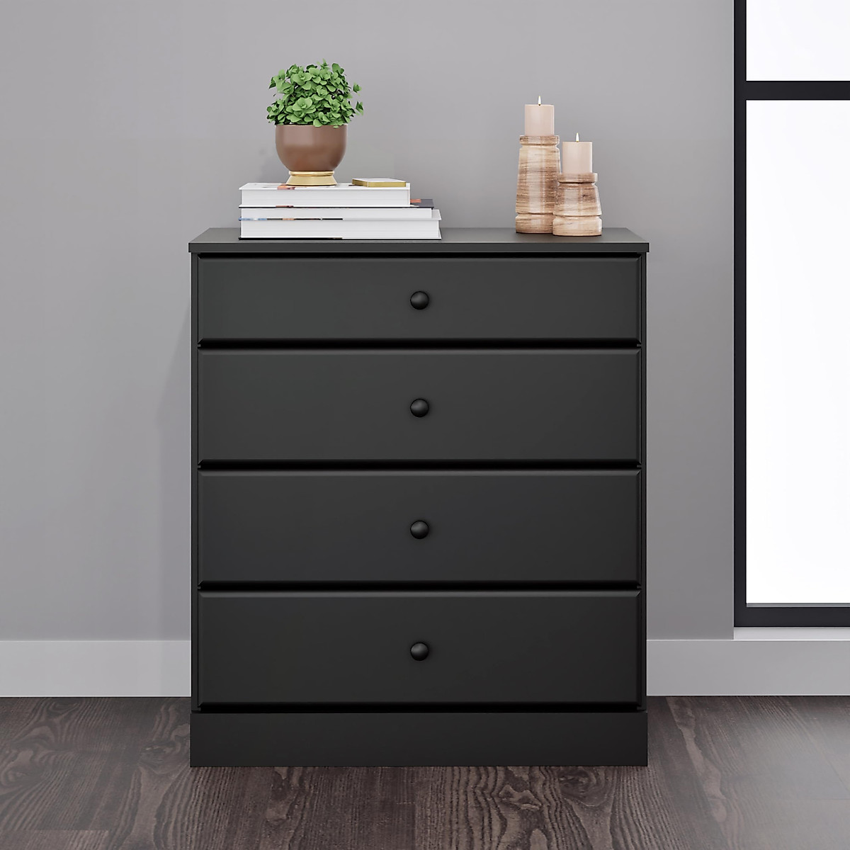 Prepac Astrid 4 Drawer Dresser for Bedroom, Chest of Drawers, Bedroom Furniture, Clothes Storage and Organizer, 18.25" D x 30" W x 34" H, Black, BDBR-0401-1