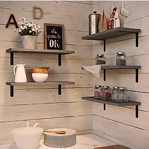 RICHER HOUSE Floating Shelves for Wall Décor, Rustic Wood Wall Shelves for Bedroom Set of 5, Farmhouse Floating Shelf for Bathroom, Hanging Shelves for Storage, Wall Mounted Shelves – Grey