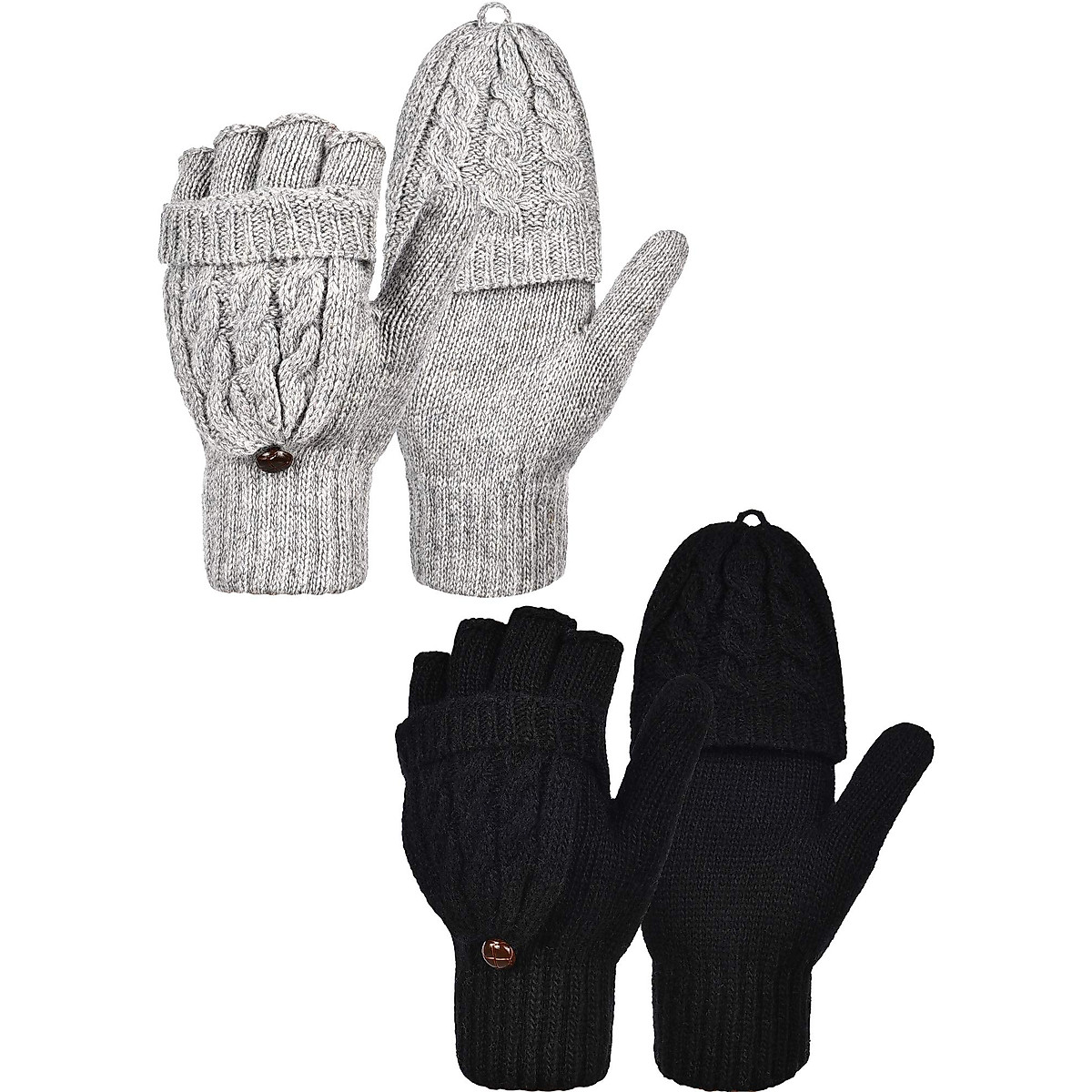 Bememo 2 Pairs Convertible Mittens for Women, Women's Fingerless Gloves with Mitten Cover Winter Knitted Convertible Gloves with Buttoned Thumb Cover