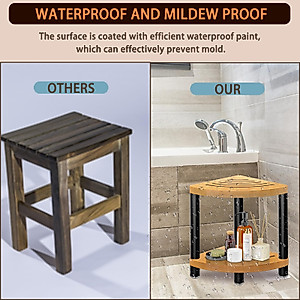 Corner Shower Stool with Storage Shelf,Waterproof Bamboo Corner Shower Seat for Bathroom,Sturdy and Non-Slip Shower Bench for Shaving Legs,Height Adjustable Metal Chair legs with Anti Slip Pad (Brown)