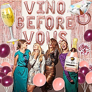 Wine Theme Bachelorette Party Decorations with Vino Before Vows Balloon Banner, Bride to Be Sash, Champagne Bottle Glass Diamond Ring Foil Balloon, Tinsel Foil Fringe Curtain for Bridal Shower Party
