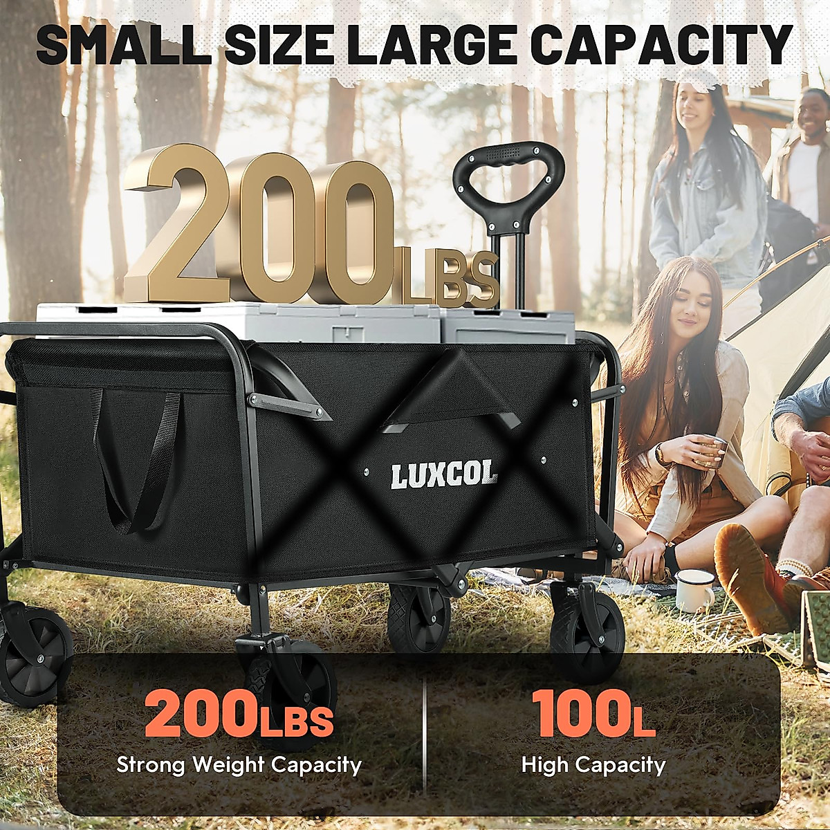 LUXCOL Collapsible Folding Outdoor Utility Wagon,Beach Wagon Cart with All Terrain Wheels & Drink Holders,Portable Sports Wagon for Camping, Shopping, Garden and Beach