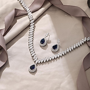 EVER FAITH Women's Marquise CZ Leaf Teardrop Wedding Pendant Necklace Earrings Set Blue Silver-Tone