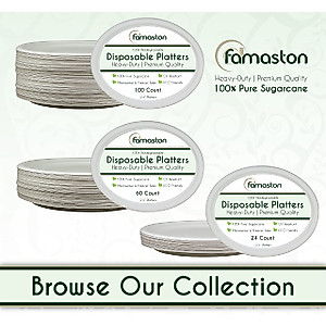 FAMASTON 100 pack Oval Paper Plates 12 inch 100% Compostable Heavy-Duty disposable extra large platters thanksgiving dinner party bulk 12" biodegradable platos - White