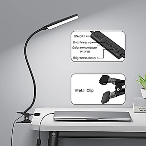 MONGERY LED Desk Lamp with Clamp for Home Office, Dimmable Clip on Desk Light with USB Port, 3 Color Modes 11 Brightness Flexible Gooseneck Reading Lamp for Studying Working, Black