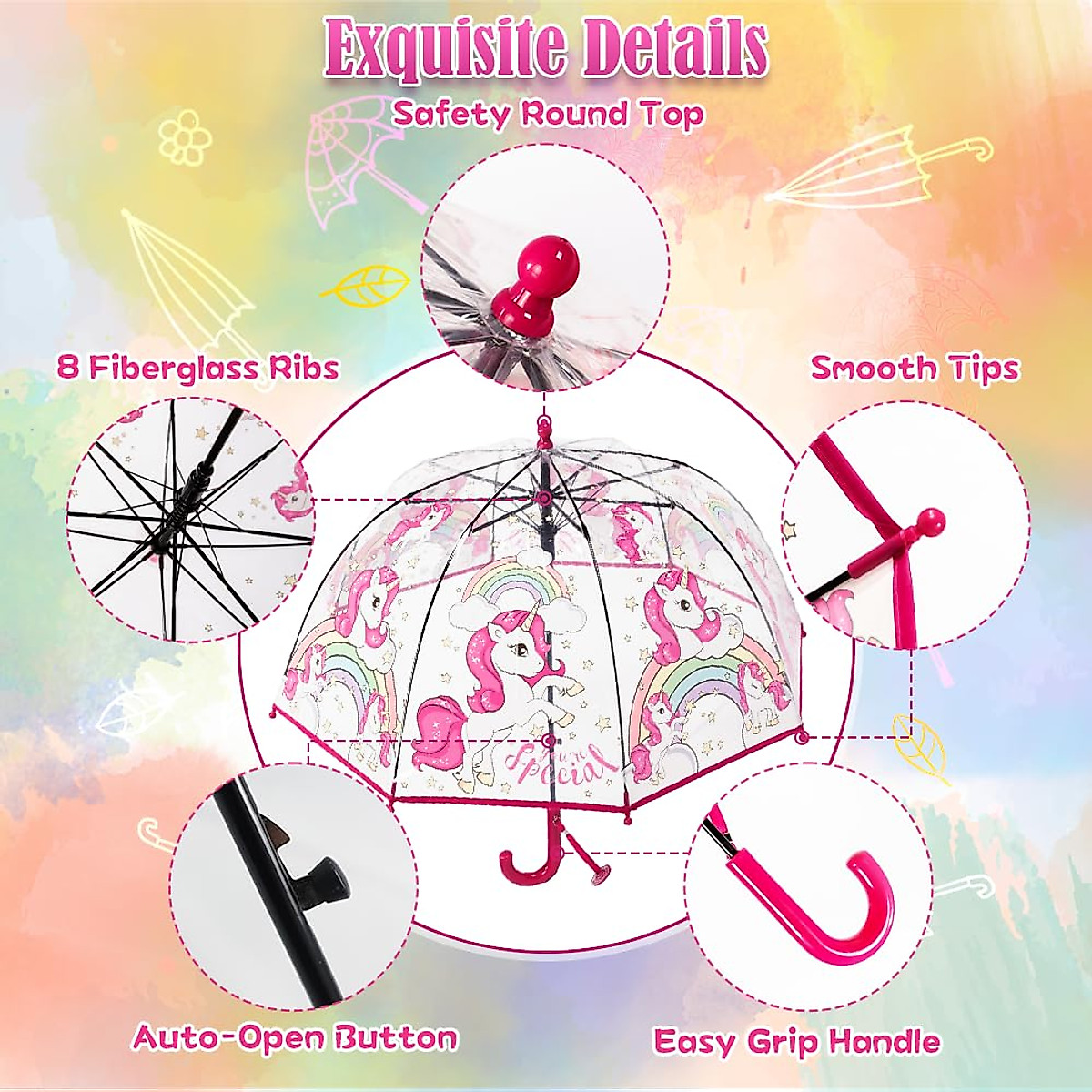 Wxjiahetai Kids Clear Bubble Umbrella Transparent Dome See Through Child Umbrellas for Rain Boys Girls with Pinch-Proof Closure and Easy-Grip Hook Handle(Clear Red Unicorn)