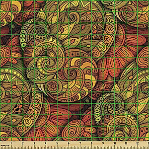 Ambesonne Paisley Fabric by The Yard, Abstract Motif with Blooms with Contour Lines Picture, Decorative Fabric for Upholstery and Home Accents, 2 Yards, Green Orange
