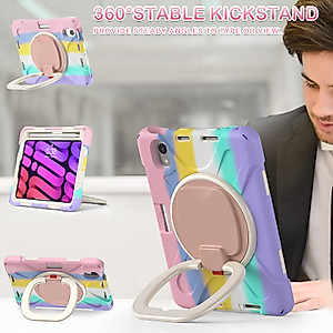 BATYUE Case for iPad Mini 7 (A17 Pro) 2024/ iPad Mini 6 (A15 Bionic) 2021 8.3 inch, Shockproof Case for iPad Mini 7th/6th Gen with Pencil Holder/ 360° Swivel Stand/Shoulder Strap - Colourful Pink
