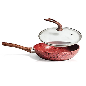 CopperKitchen 10 Inch Frying Pan with Special Lid - Deluxe Copper Granite Stone Coating - PFOA PFOS PTFE Free - Premium Nonstick Scratch Proof Coating - Comes with Special Lid, Red