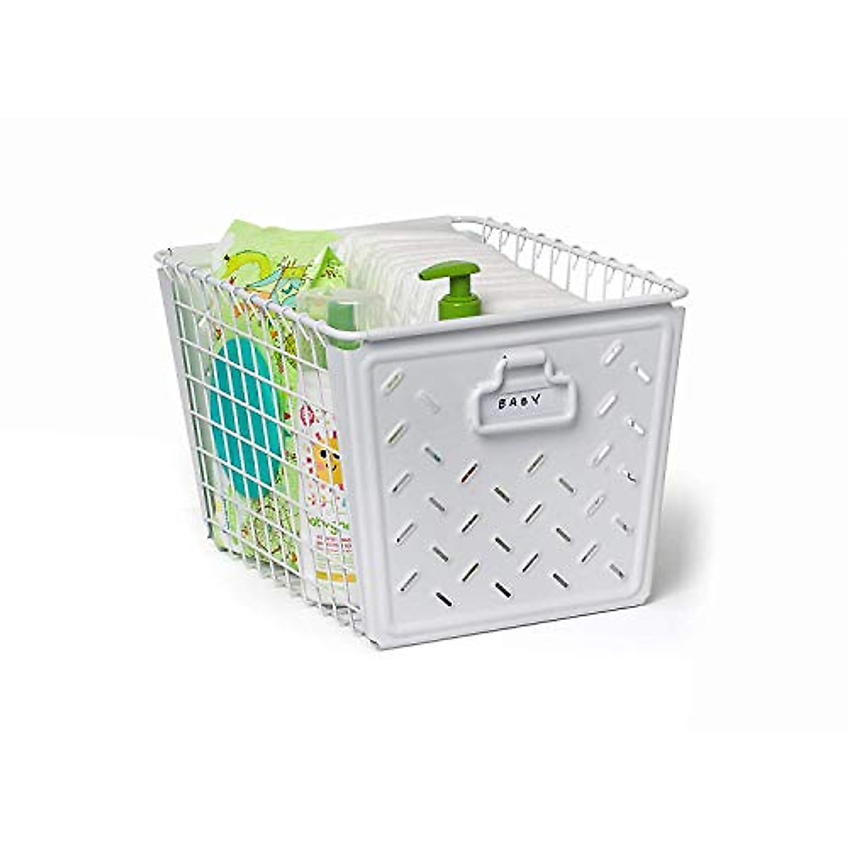 Spectrum Diversified Macklin, Stamped Steel & Wire Basket for Closet & Cubby Storage Vintage-Inspired Design with Customizable Label Plate, Medium, White