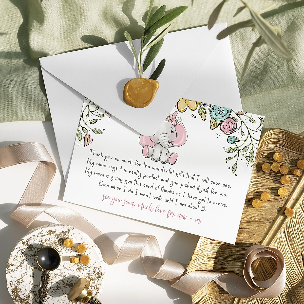 Paper Clever Party Cottage Elephant Baby Shower Thank You Cards with Envelopes - 25 Pack - Pink Floral 4x6 Blank Notes with Prefilled Message from Baby Girl - Personalizable Space for Customization