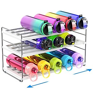 YAN & HIN 15 Bottles Cabinet Organizer Extendable Kitchen Cabinet Organizer with Adjustable Height, 3-Tier Water Bottle Holder, Pantry Pantry Organizers Cup Rack for Cabinet