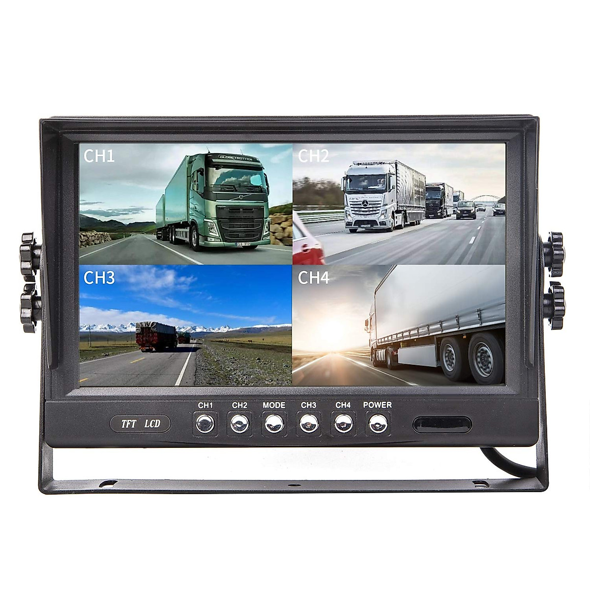 Yasoca 9" TFT LCD Car Rearview Quad Split Monitor,Remote Control, 4 Channels 4-PIN Connector Video Inputs Shockproof - 12V-24V 800480HD Screen w/Sunshade Anti-Glare